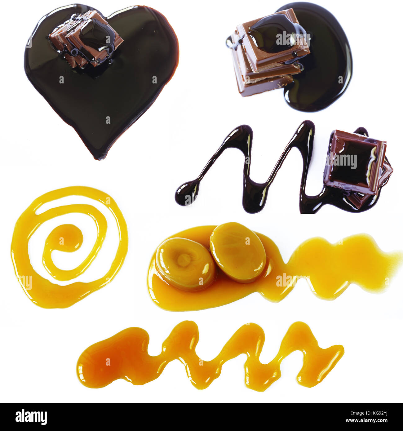collage, set chocolate and caramel syrup on a white background Stock ...