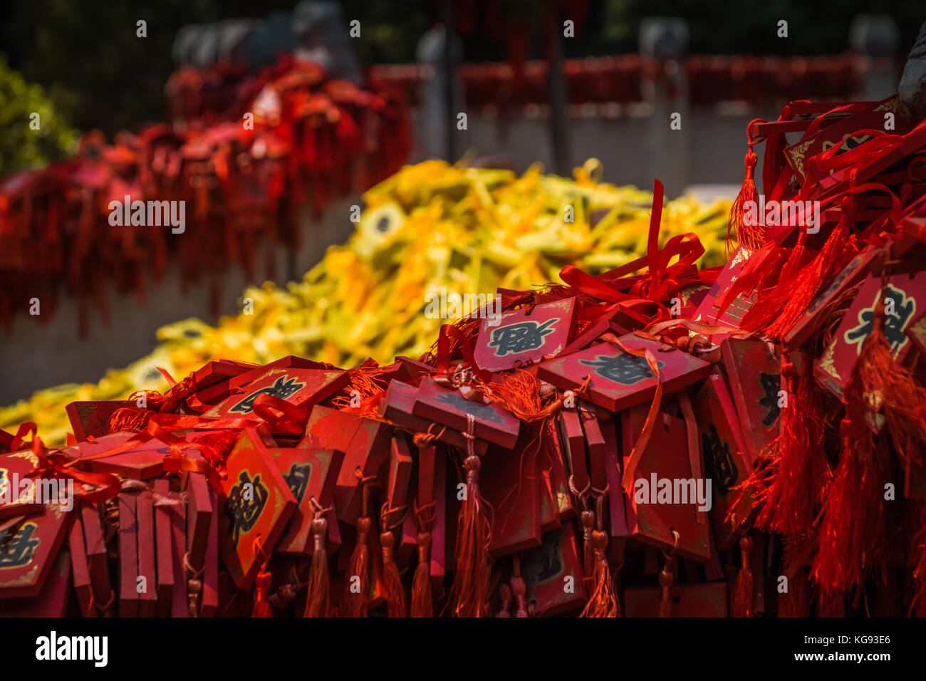 Good luck wishes hanged in a temple alley in Pingyao, China - August ...