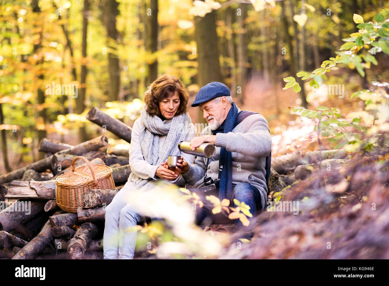 Senior couple on a walk in autumn forest Stock Photo - Alamy