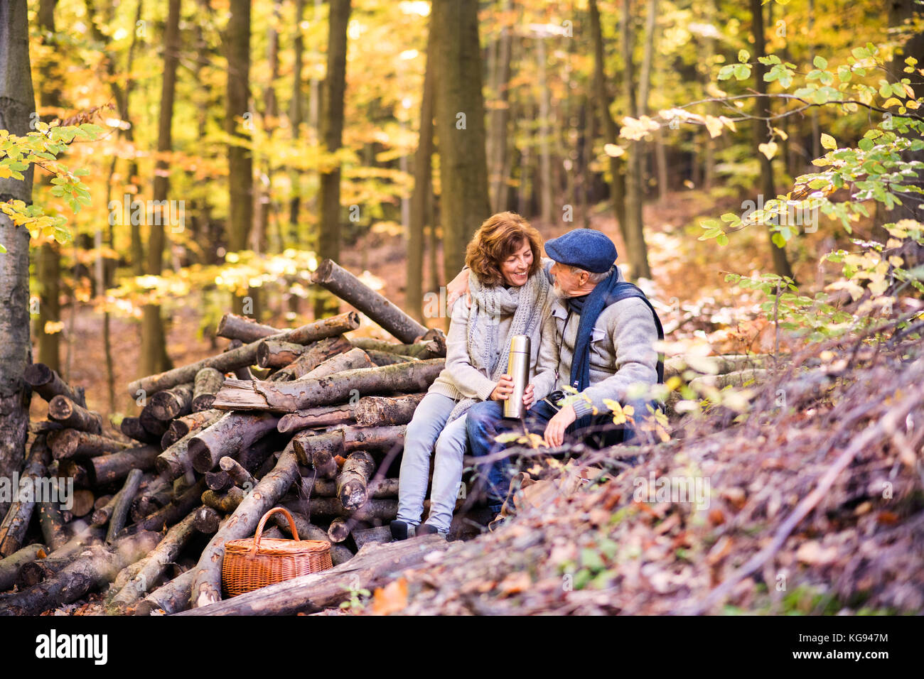 Senior couple on a walk in autumn forest Stock Photo - Alamy