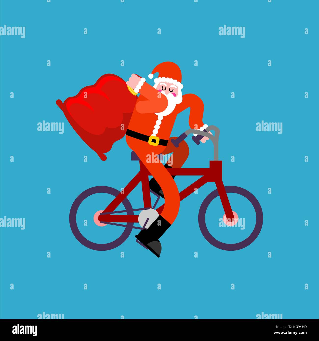 Santa Claus on bicycle and red bag. Happy New Year. Christmas vector ...