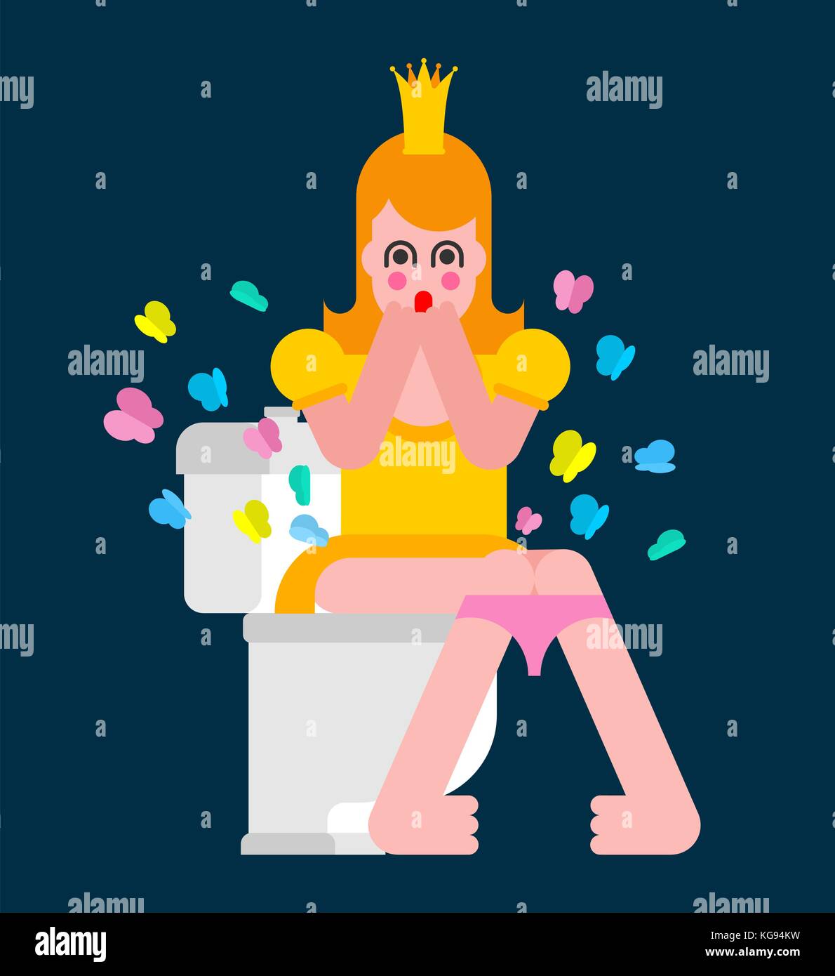 Princess On Toilet Fart Butterfly Woman Is In Wc Sweet Girl With Crown Vector Illustration