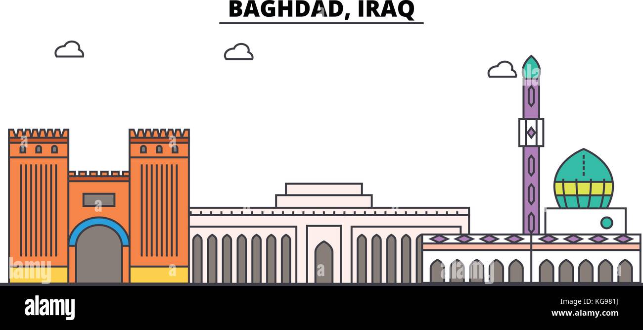 Baghdad, Iraq outline skyline, arab flat thin line icons, landmarks ...
