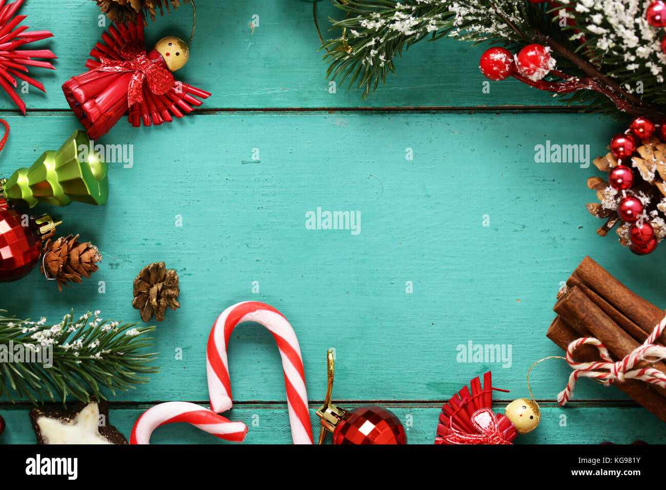 turquoise background with christmas symbols and ornaments Stock Photo ...