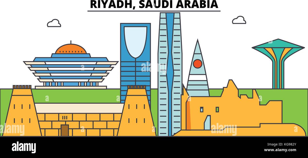 Riyadh, Saudi Arabia outline skyline, arab flat thin line icons ...
