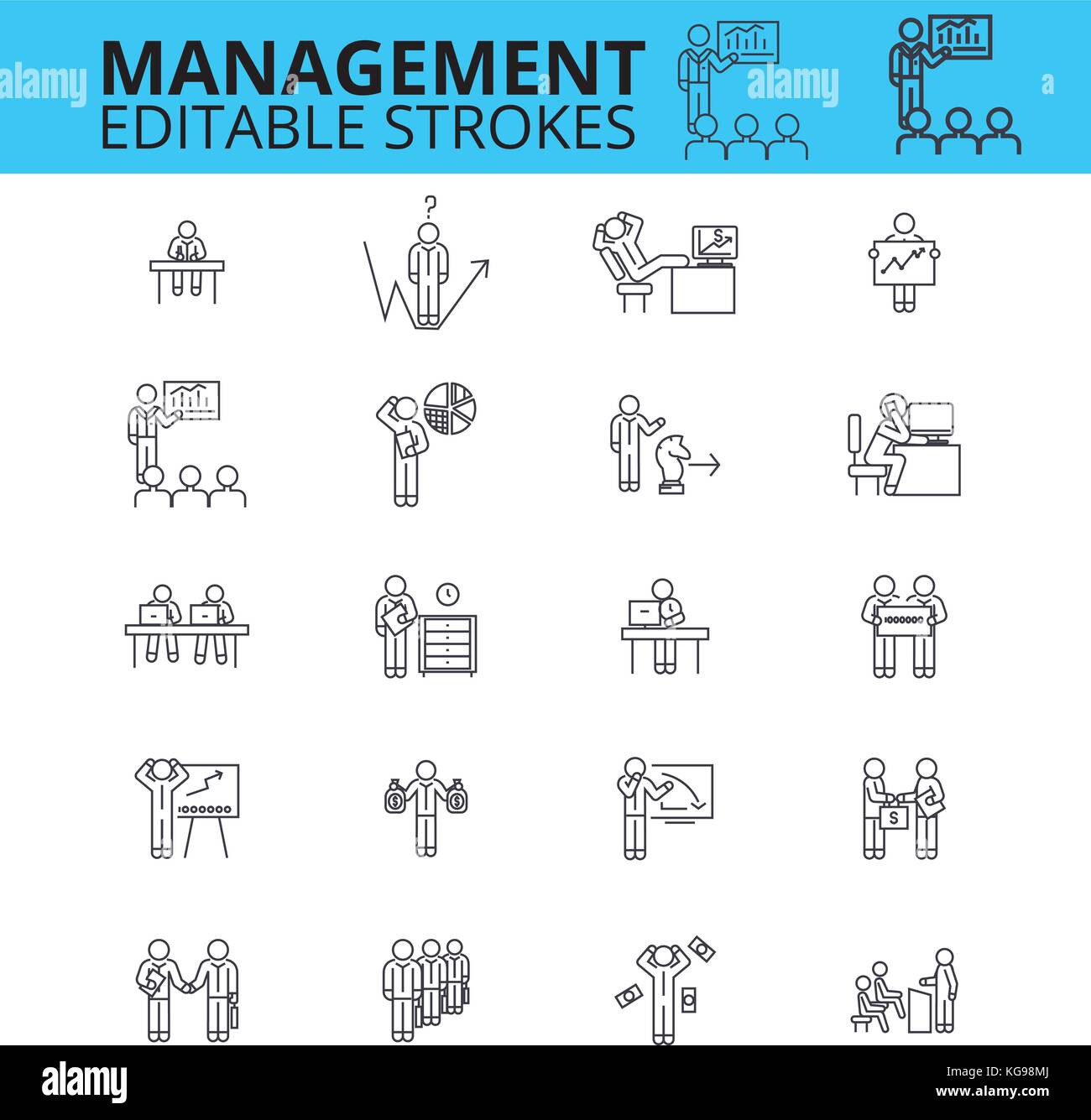 Management ouline vector icons. Editable strokes. Businessman signs set ...