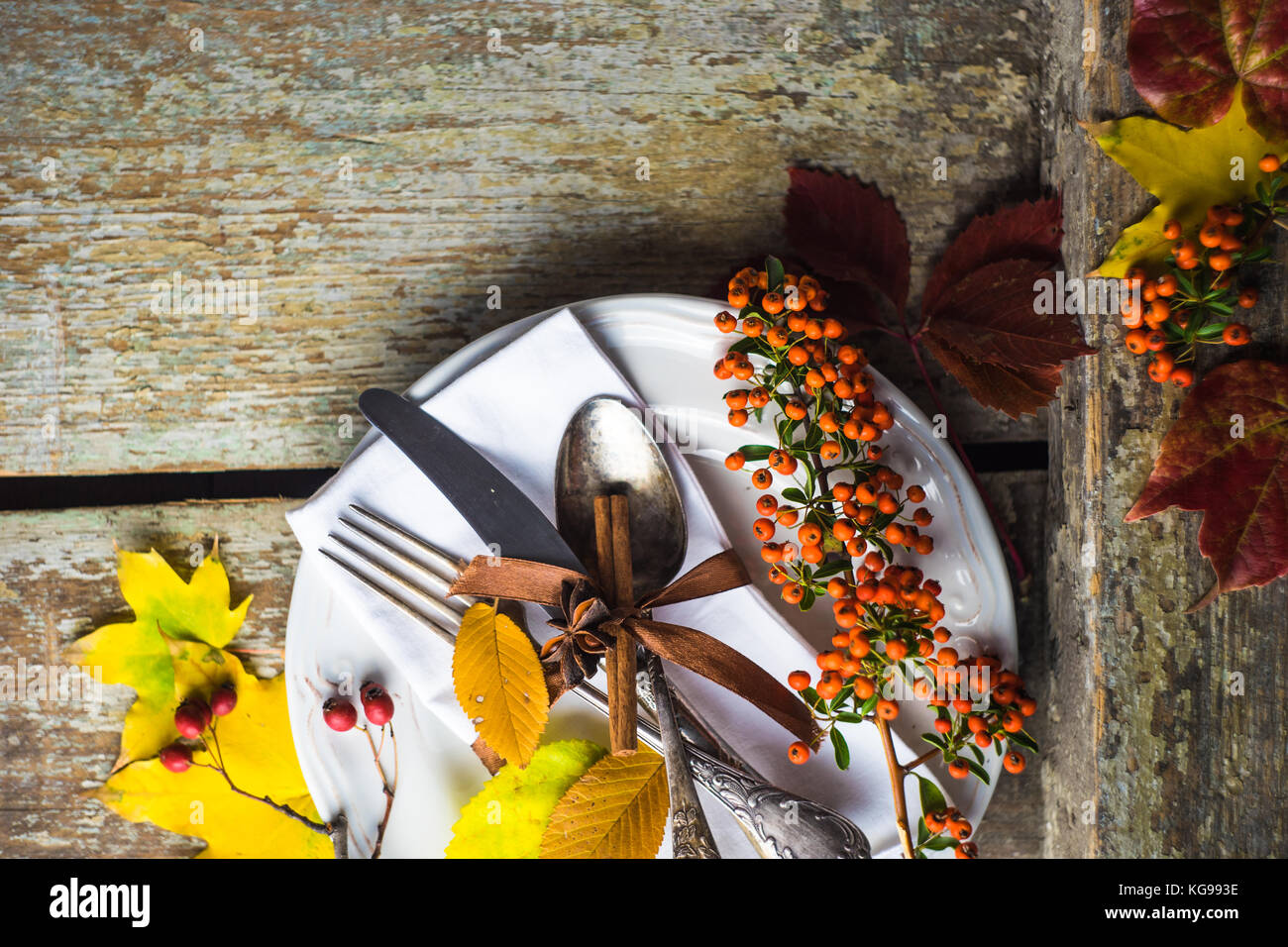 Autumnal table setting with bright red and orange wild berries on ...