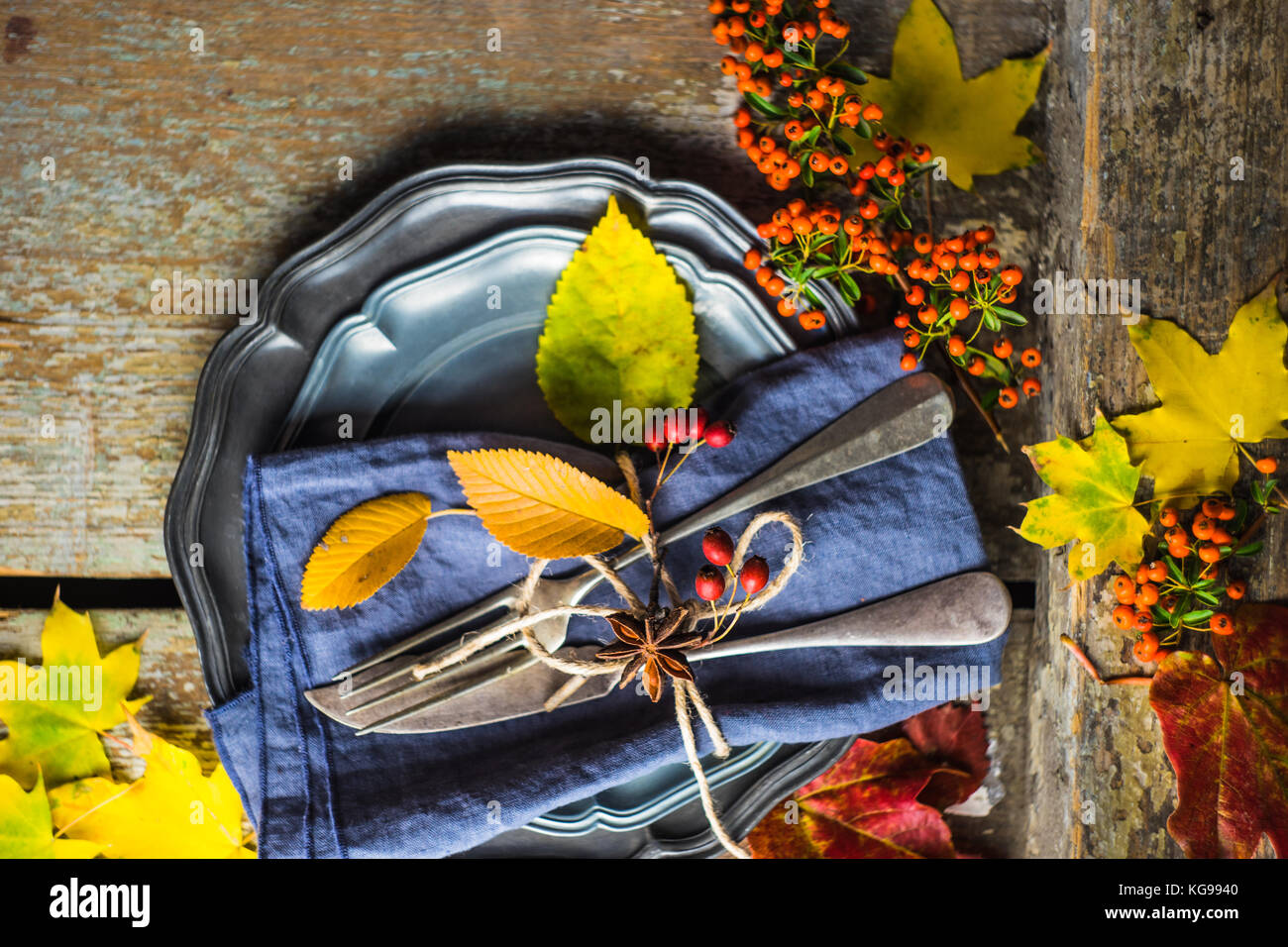 Autumnal table setting with bright red and orange wild berries on ...