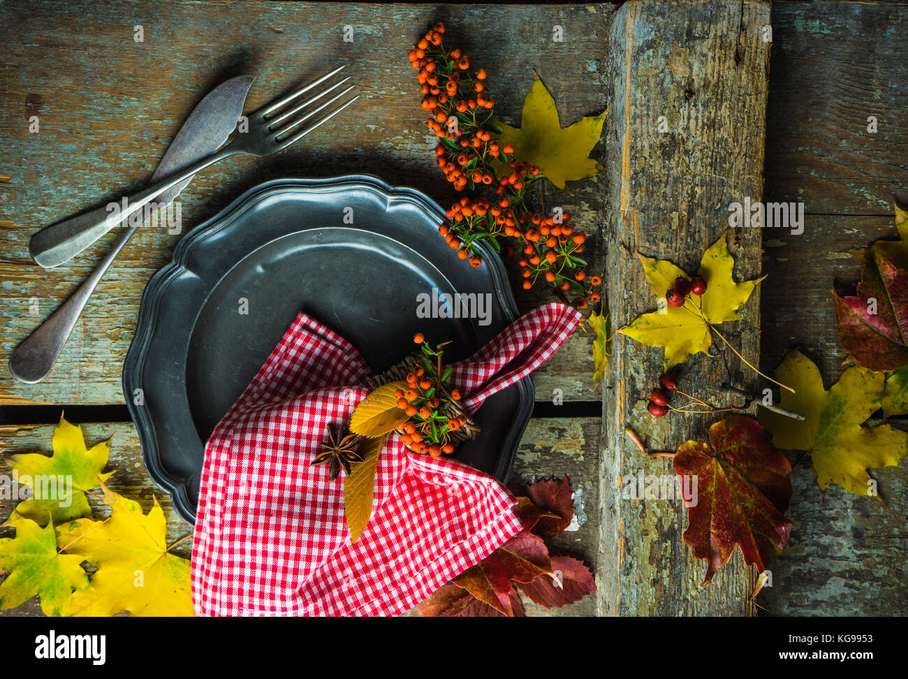 Autumnal table setting with bright red and orange wild berries on ...