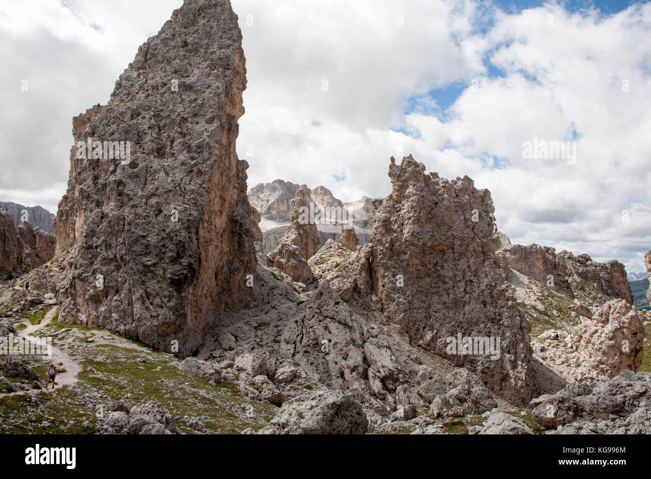 Limestone pillars and rock formations on the path between the Passo ...