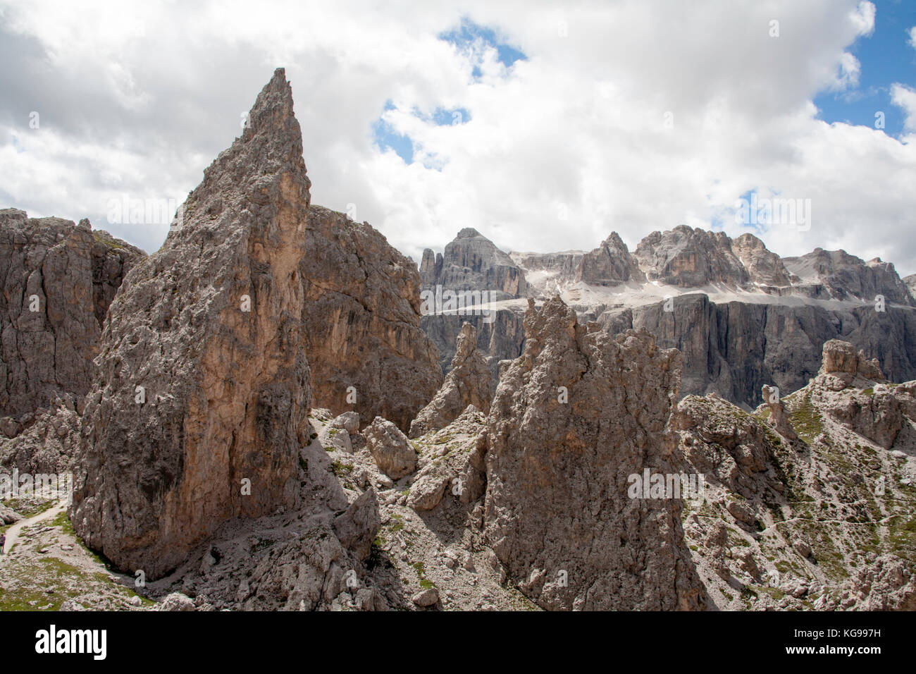 Limestone pillars the Sella Gruppe or Gruppo Sella in background the ...