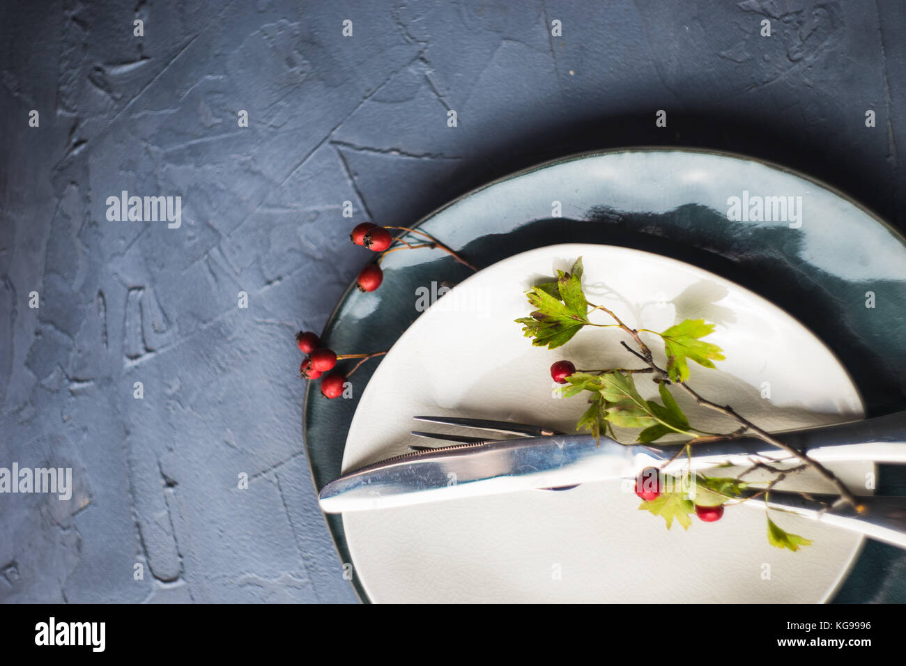 Autumnal table setting with bright red and orange wild berries on ...