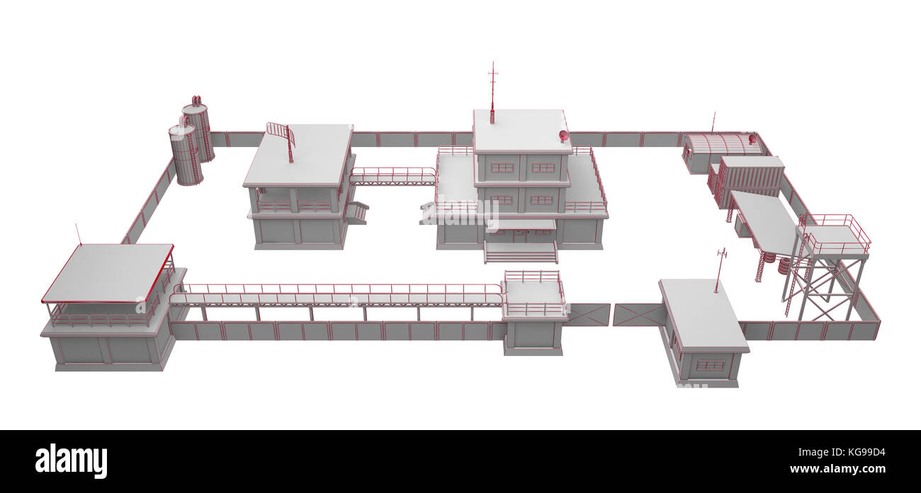 wireframe military base view above isolated on white. 3d rendering ...