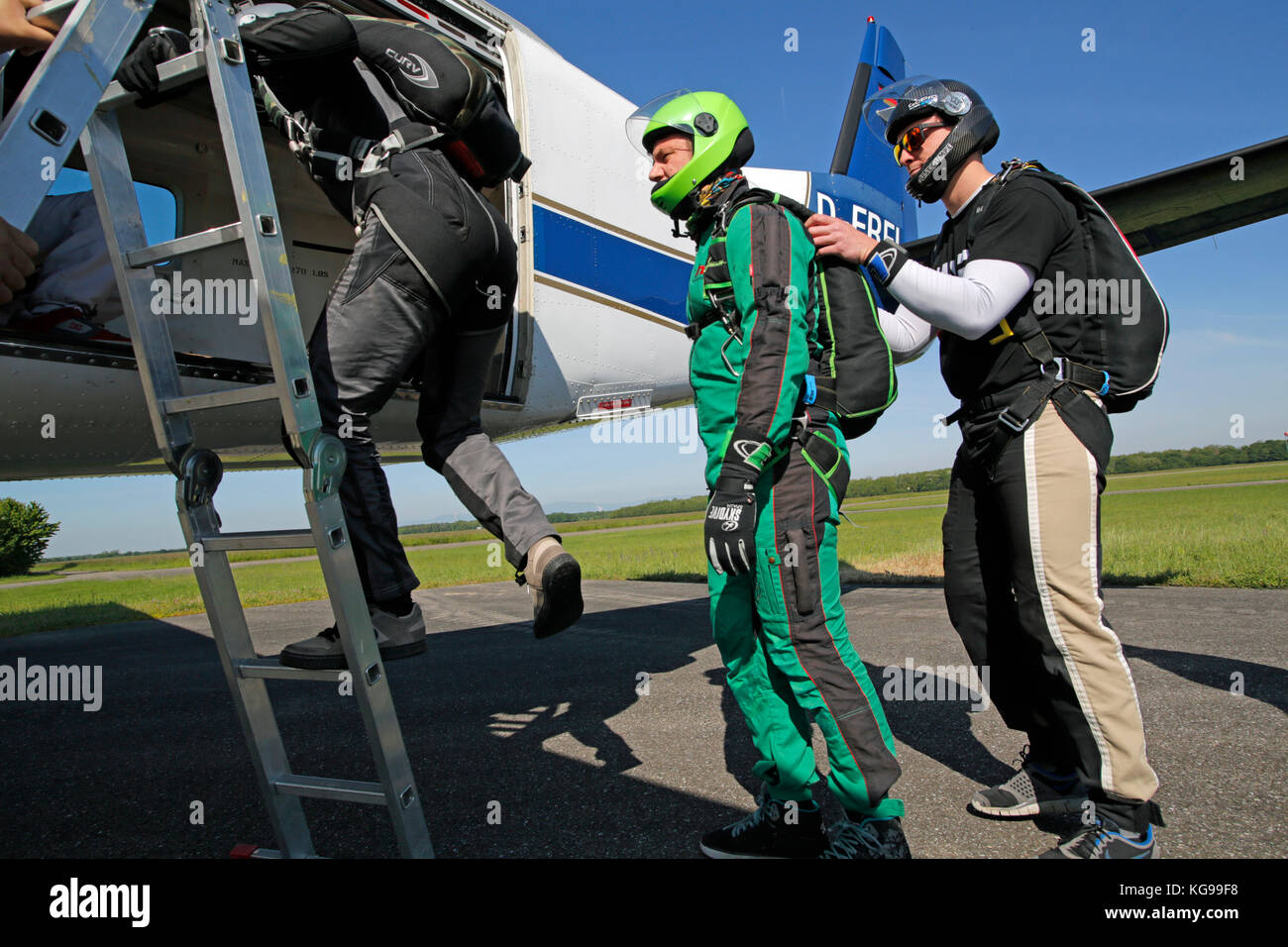 Freefly Skydiving team is getting ready to board the aircraft. It is ...