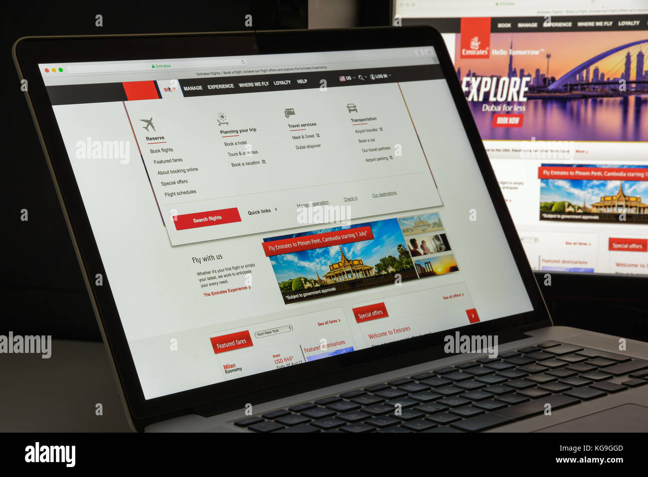 Milan, Italy - August 10, 2017: Emirates flights website homepage. It ...