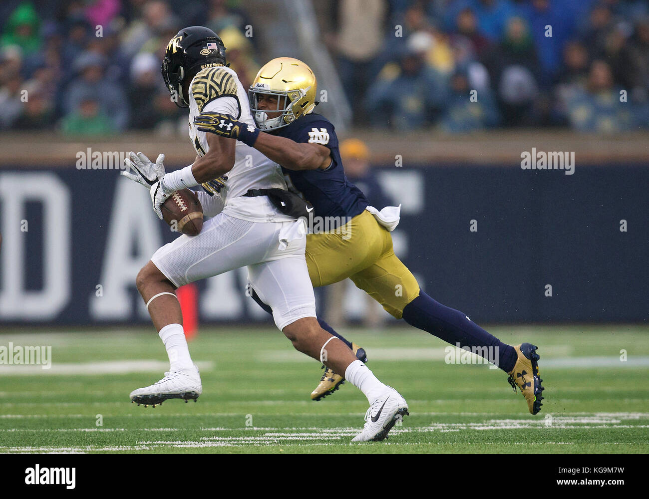 November 04, 2017: Notre Dame safety Nick Coleman (24) puts hit on Wake ...