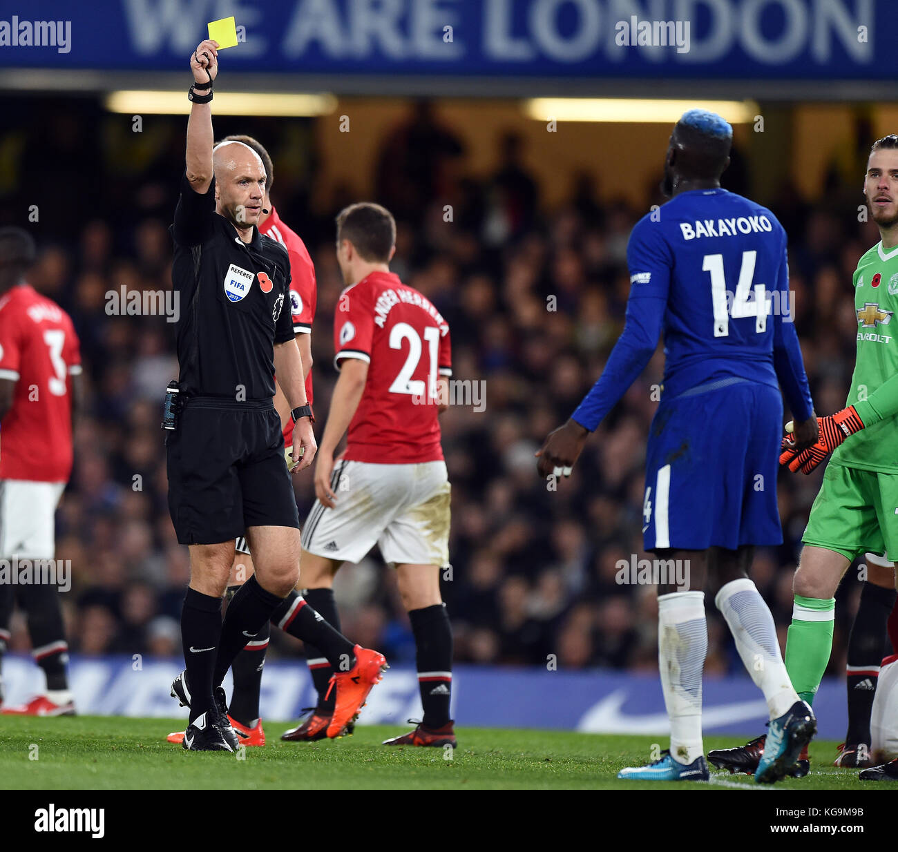Tiemoue Bakayoko of Chelsea gets a yellow card from referee Anthony ...