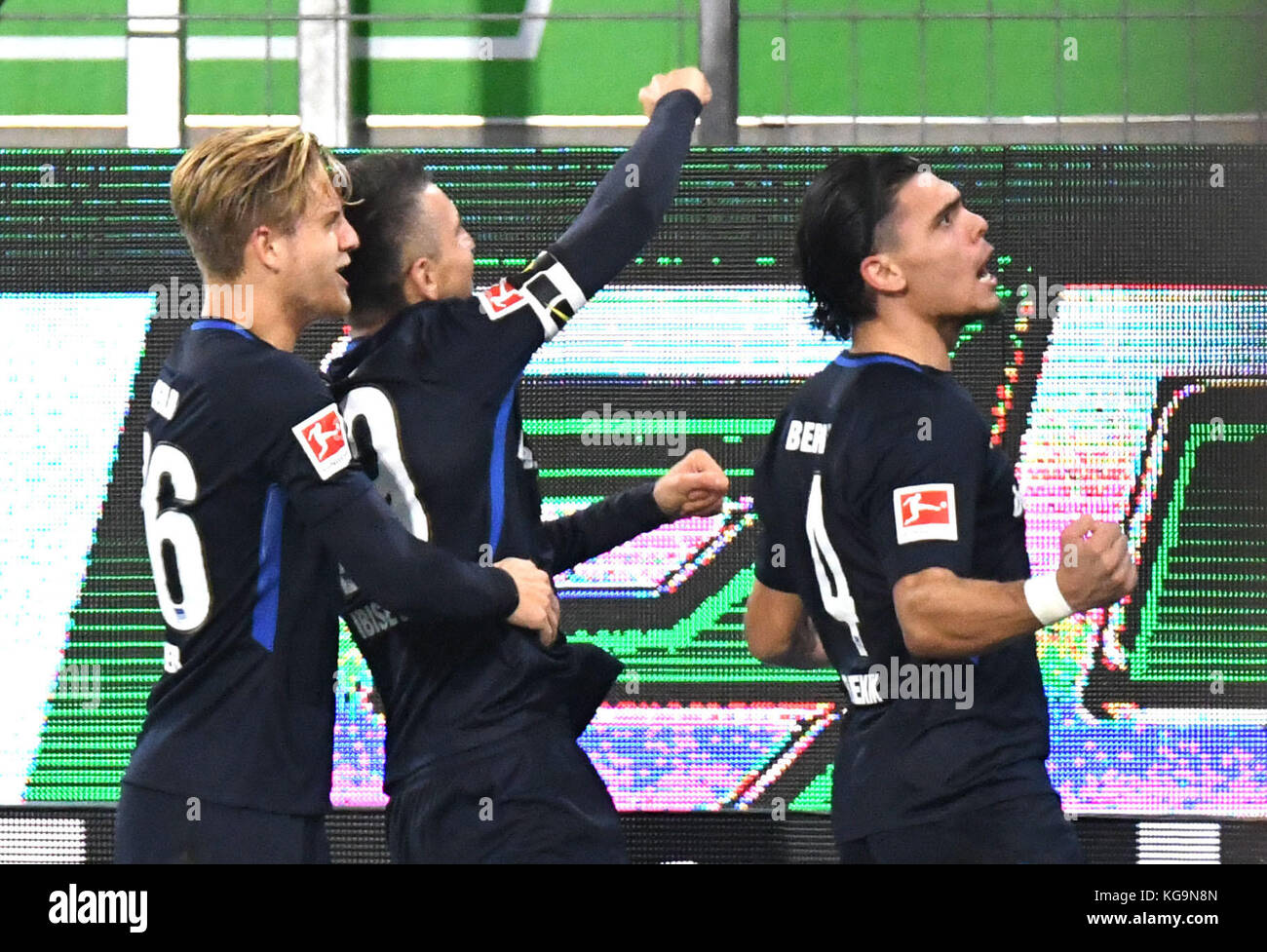 Wolfsburg, Germany. 5th Nov, 2017. Berlin's Karim Rekik (r) celebrates ...