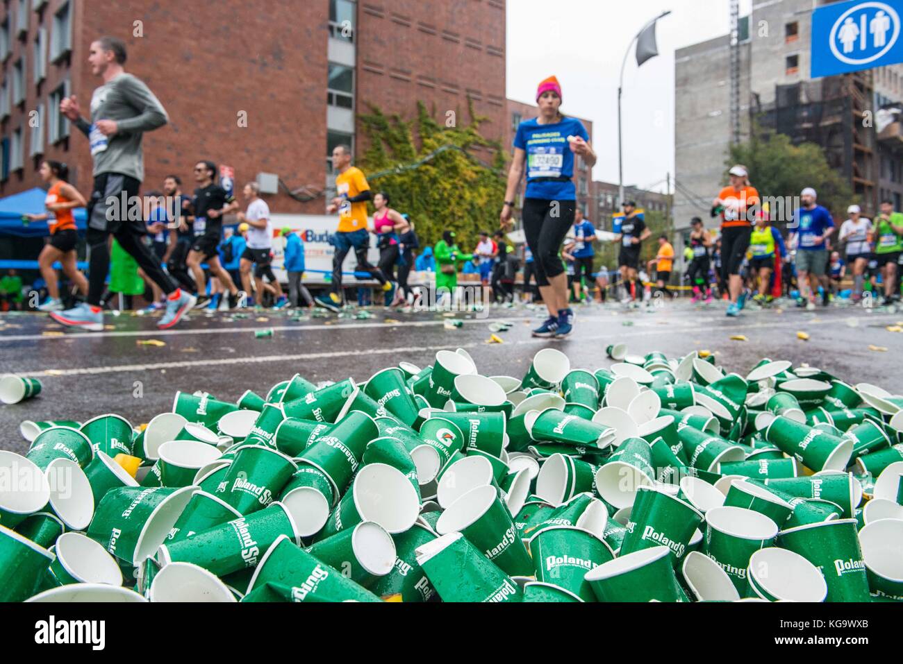 New York, USA. 5th Nov, 2017. Piles of paper cups and banana peels on ...
