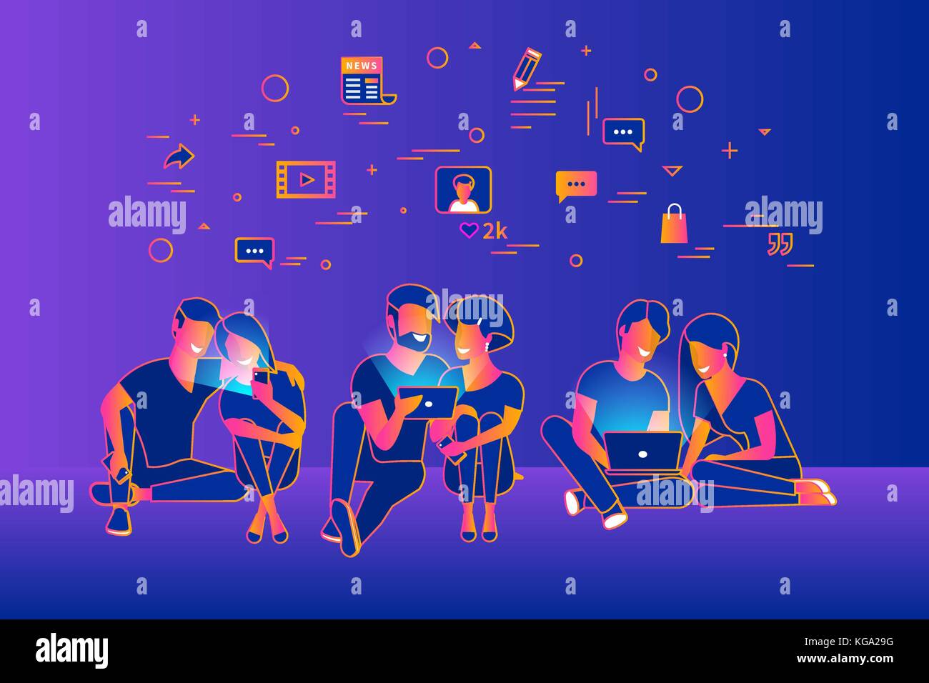 Community vector illustration of young people sitting on floor and ...