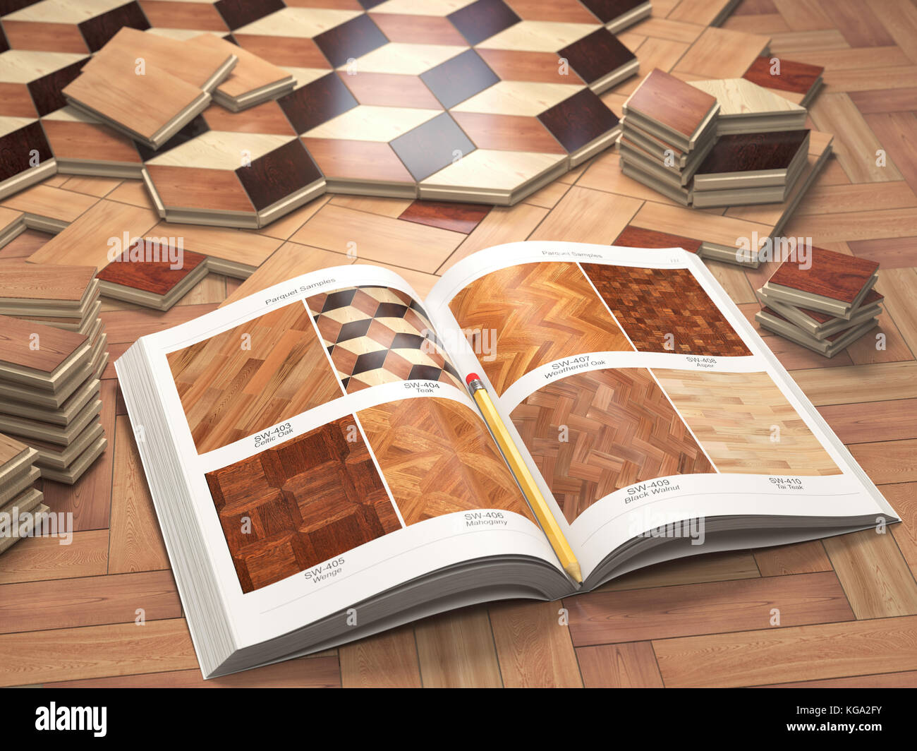 Few types of wooden parquet coating and catalog. Stack ofr parquet ...