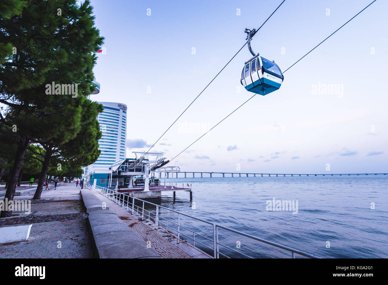 Cable Car Near to Vasco Da Gama Bridge In Lisbon Portugal Stock Photo ...