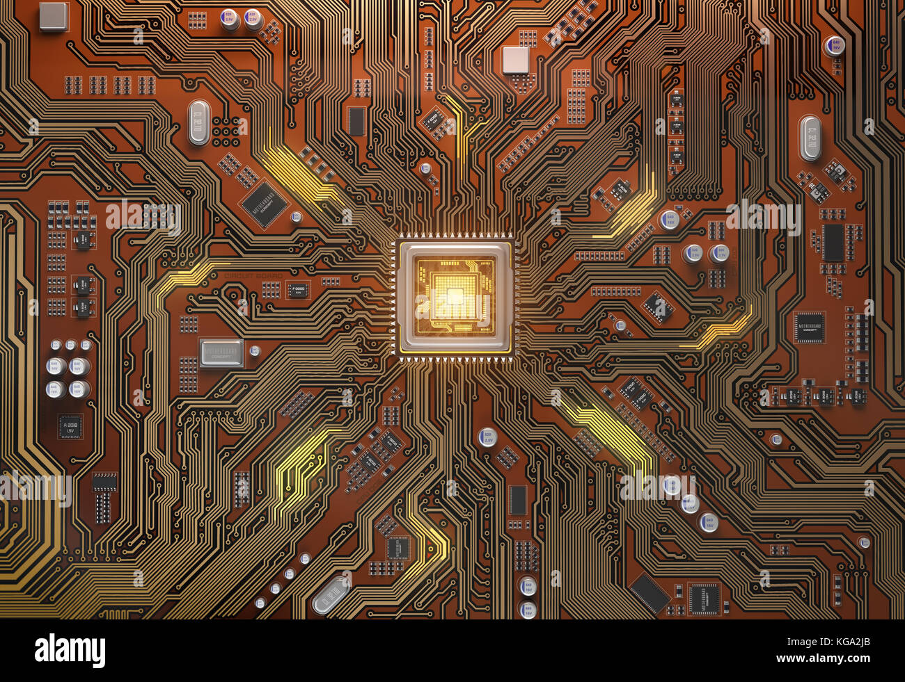 Circuit board with CPU. Motherboard system chip with glowing processor. Computer´s technology ...