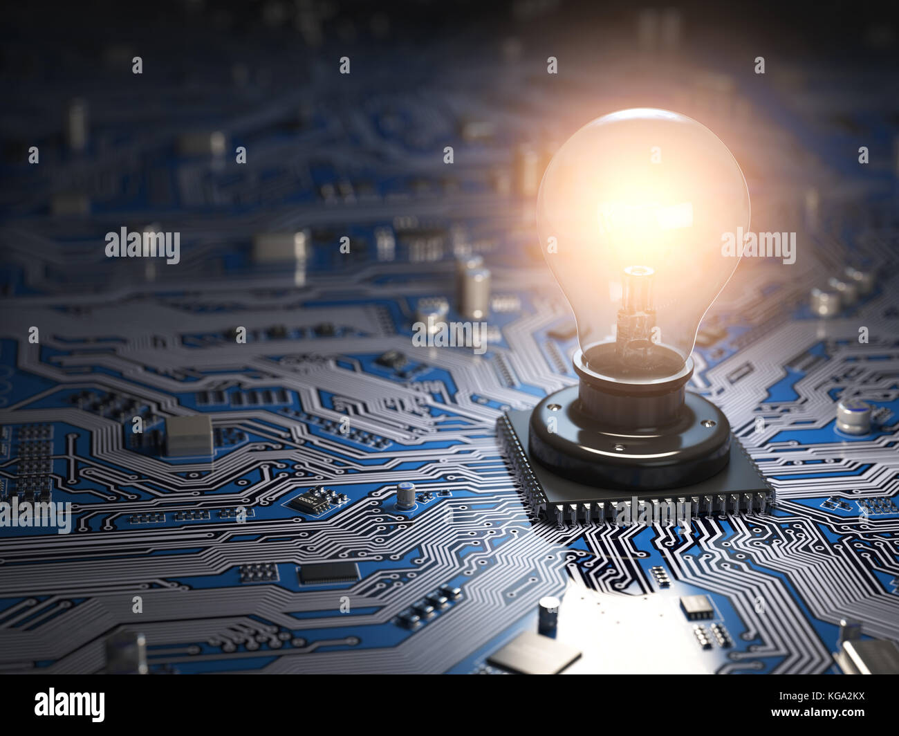 Glowing light bulb as CPU on motherboard circuit board. Idea creativity ...