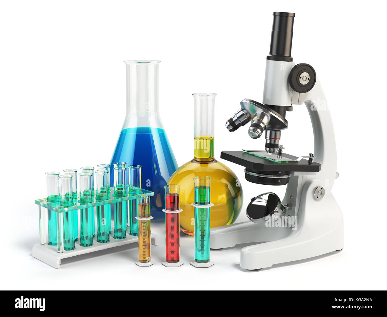 Microscope with flasks and vials. Chemistry labratory tools. 3d ...