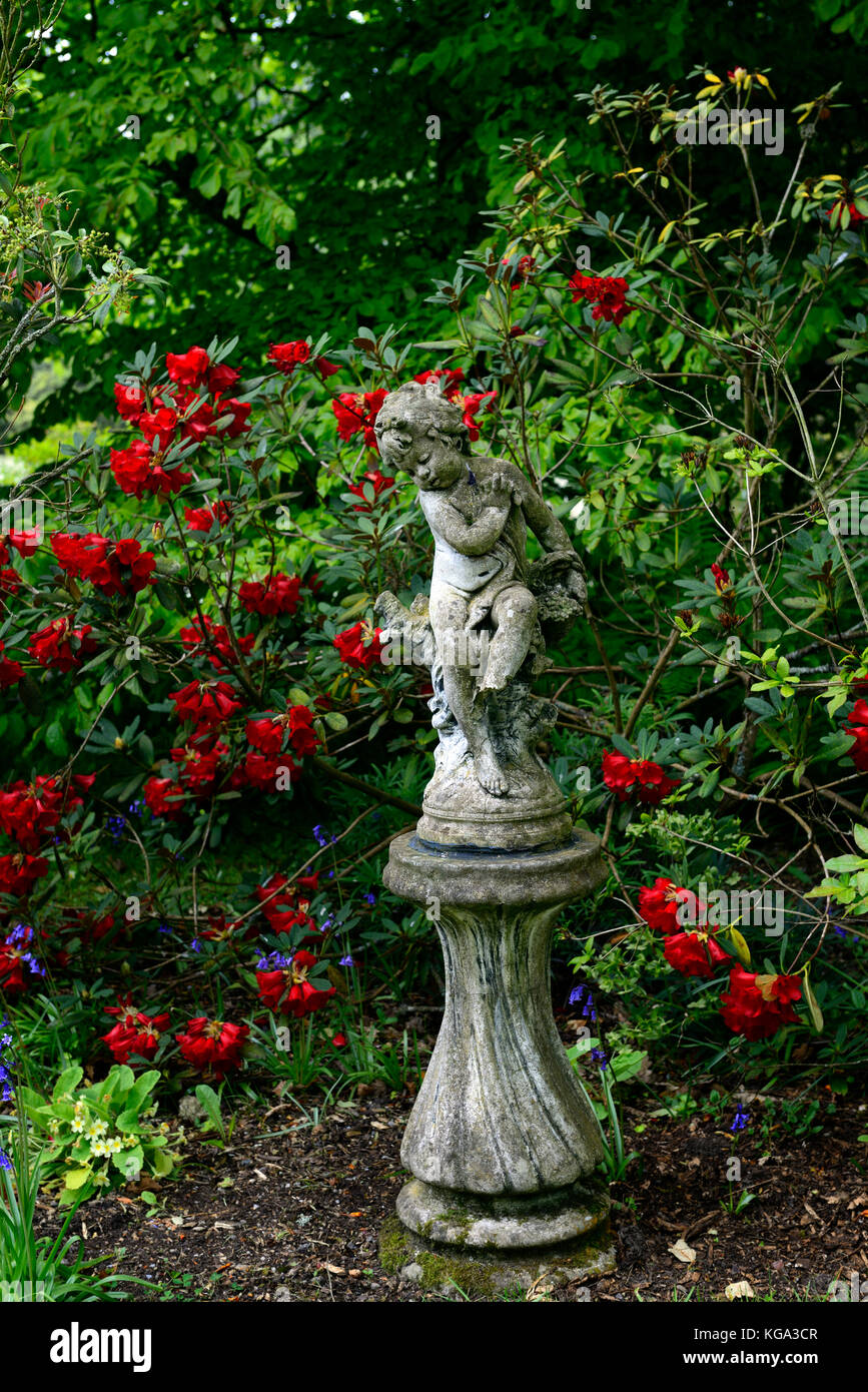 imp, statue, feature,Altamont Gardens, Corona North, red rhododendron ...