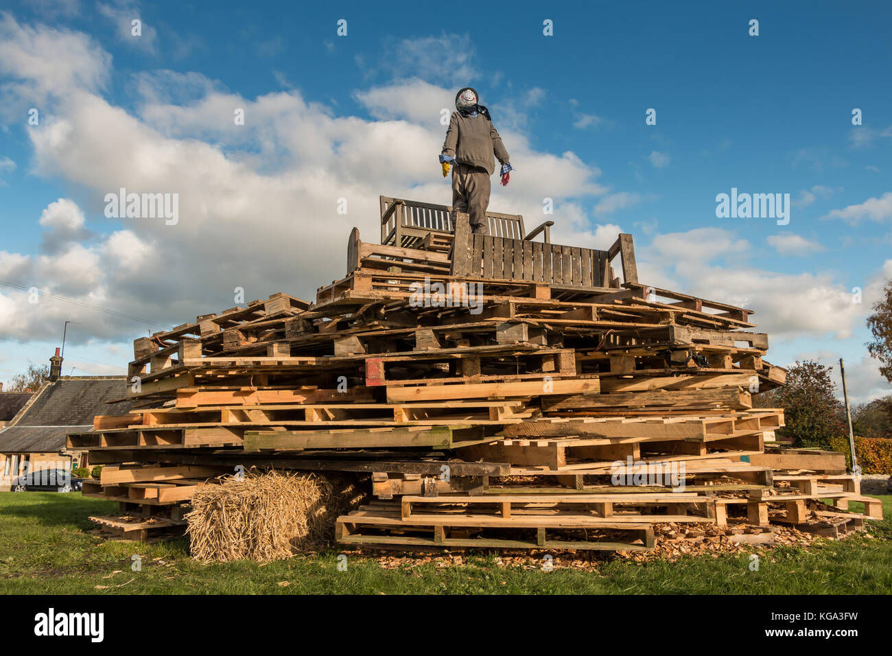 November 5th celebration, village bonfire with guy ready for lighting ...