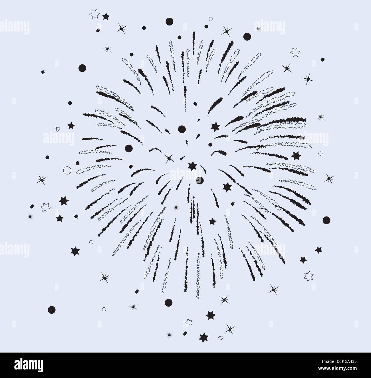 vector black and white background decoration of pyrotechnics fireworks with stars and sparkles ...