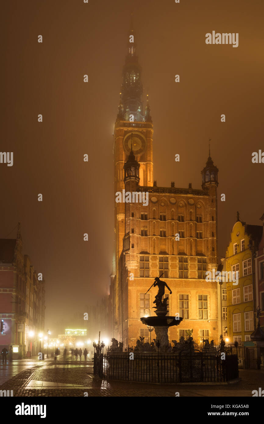 Main Town Hall in Old Town of Gdansk in the fog at night. Poland Stock ...