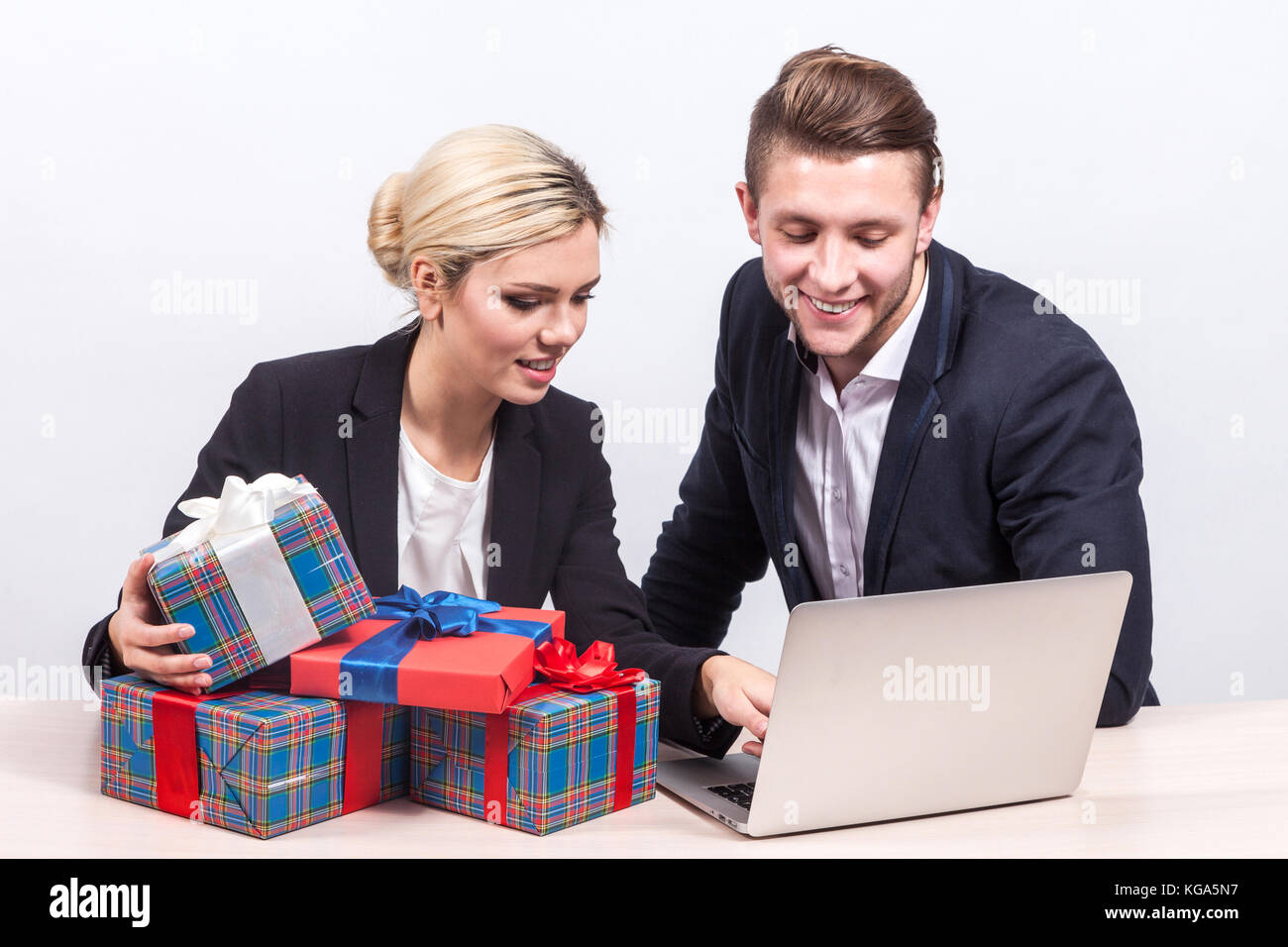Picture of team of office workers with computer Stock Photo - Alamy
