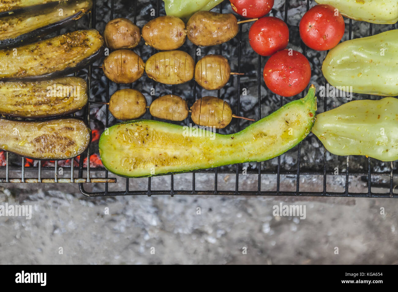 Assorted grilled vegetables.Chef cooking vegetables.top view close up ...
