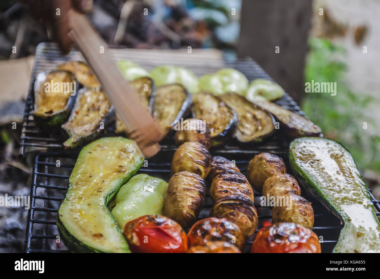 Assorted grilled vegetables.Chef cooking vegetables.top view close up ...