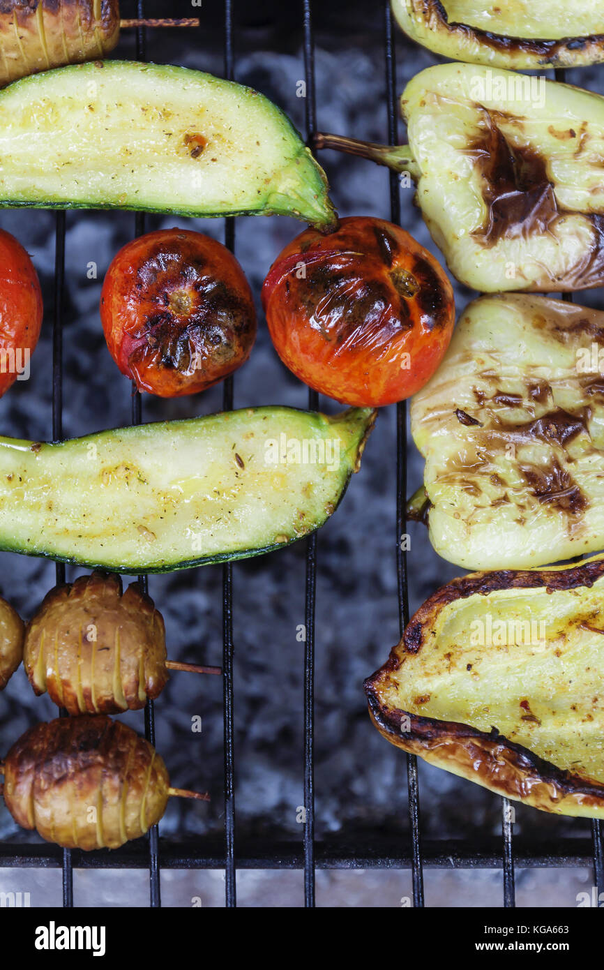 Assorted grilled vegetables.Chef cooking vegetables.top view close up ...
