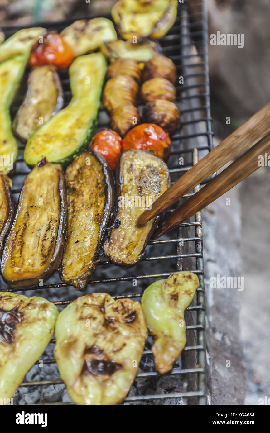 Assorted grilled vegetables.Chef cooking vegetables.top view close up ...