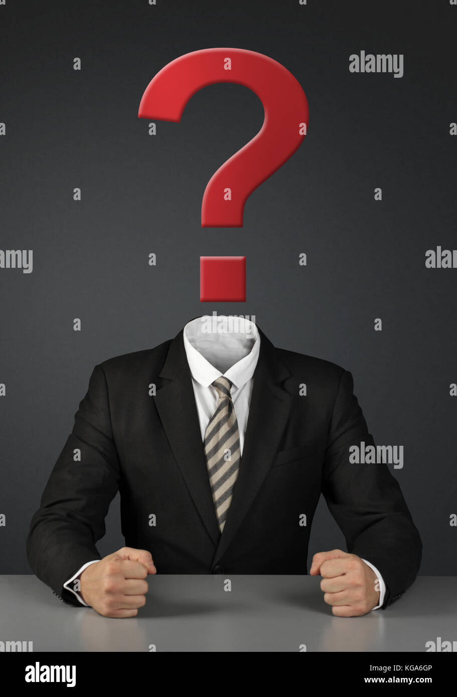 Businessman without head with question mark on dark Stock Photo - Alamy
