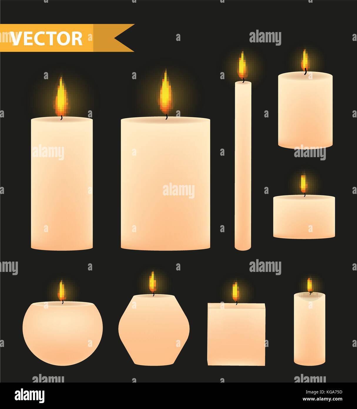 Realistic beige candles set. 3d burning candle collection. Isolated on ...