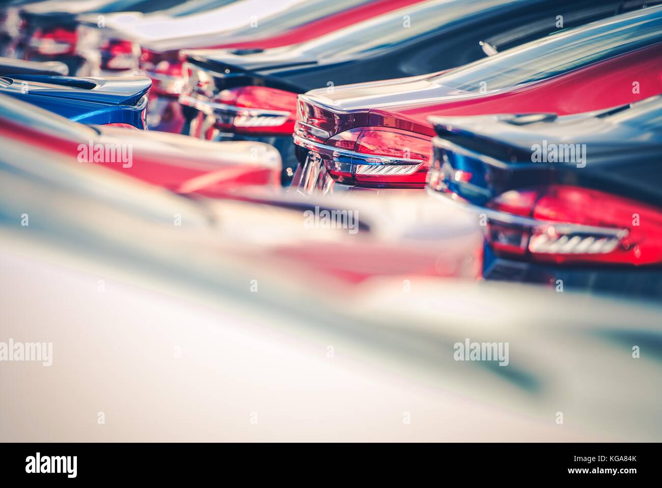 Car Business Concept. Car Dealership Parking Lot. Brand New Vehicles in ...