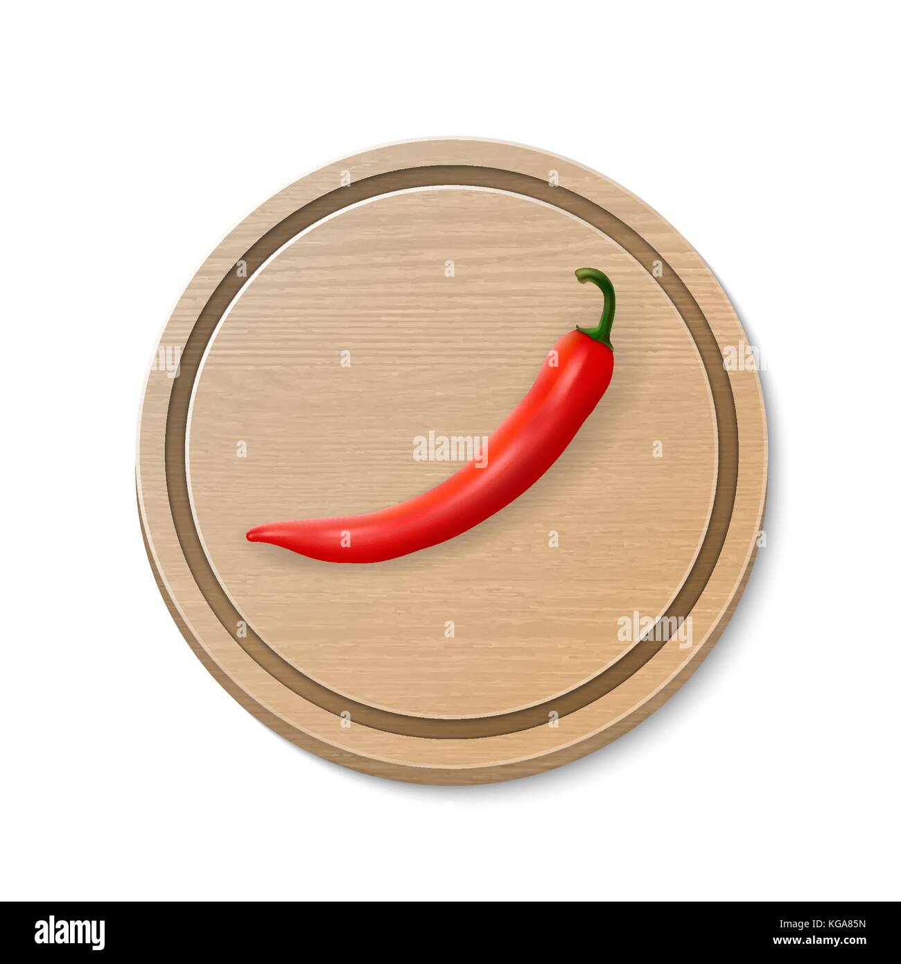 Realistic red hot chili pepper icon on a round cutting board. Design ...