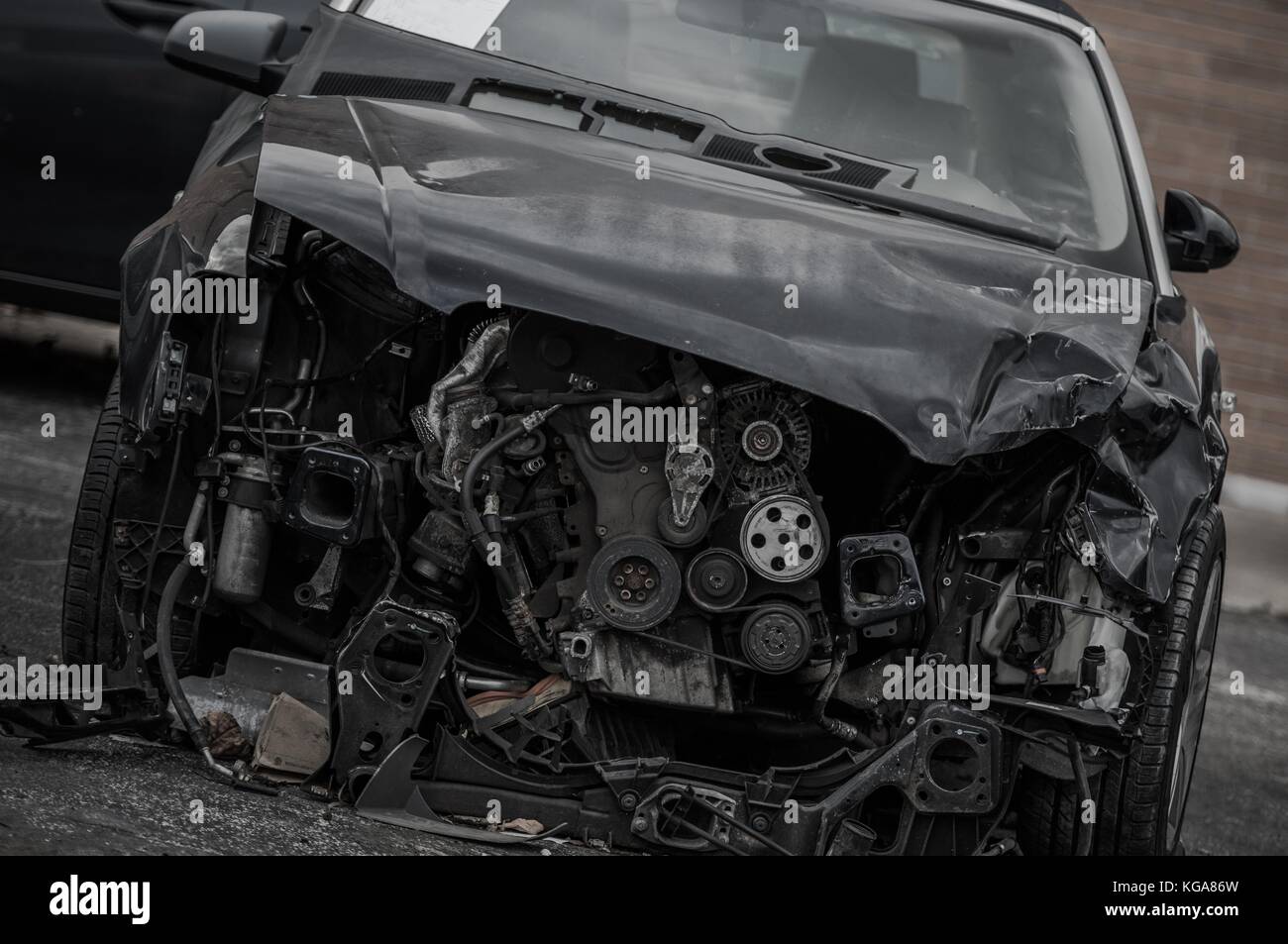 Head On Collision Wreck. Crashed Modern Compact Vehicle. Heavy Front ...