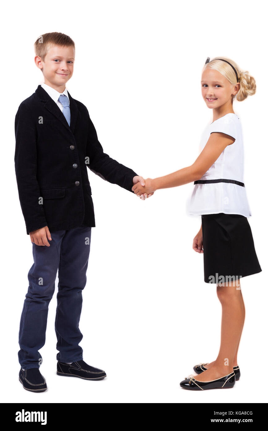 Students in business suits on a white background shake hands Stock ...