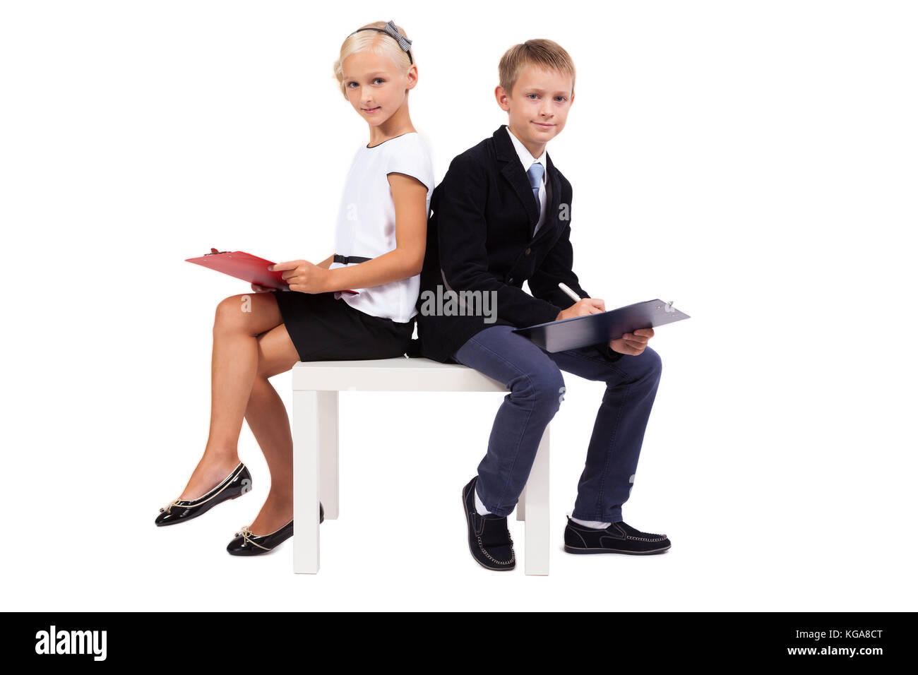 Students in business suits on white background discussing a star Stock ...