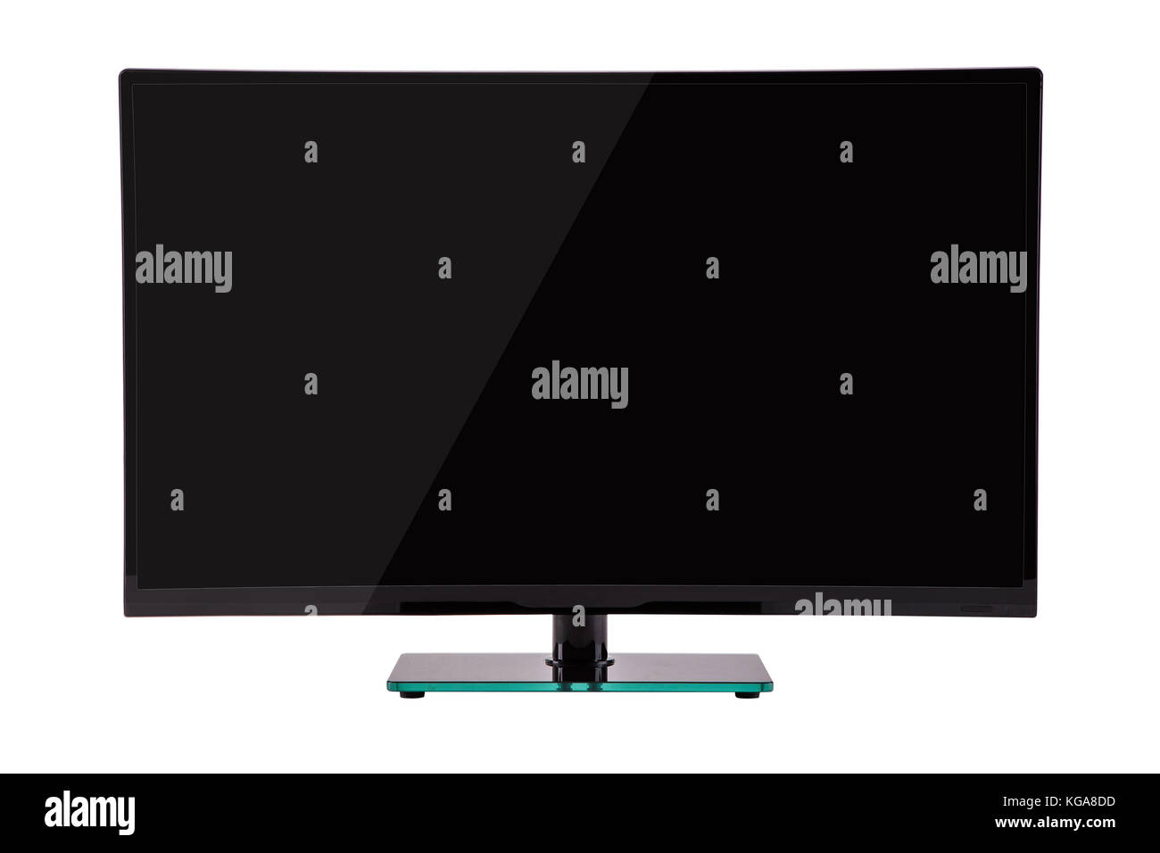 modern slim plasma TV on black glass stand isolated on a white b Stock ...