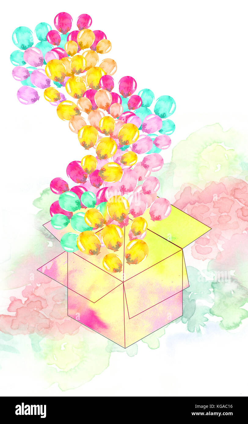 colorful watercolor balloons from open box Stock Photo - Alamy