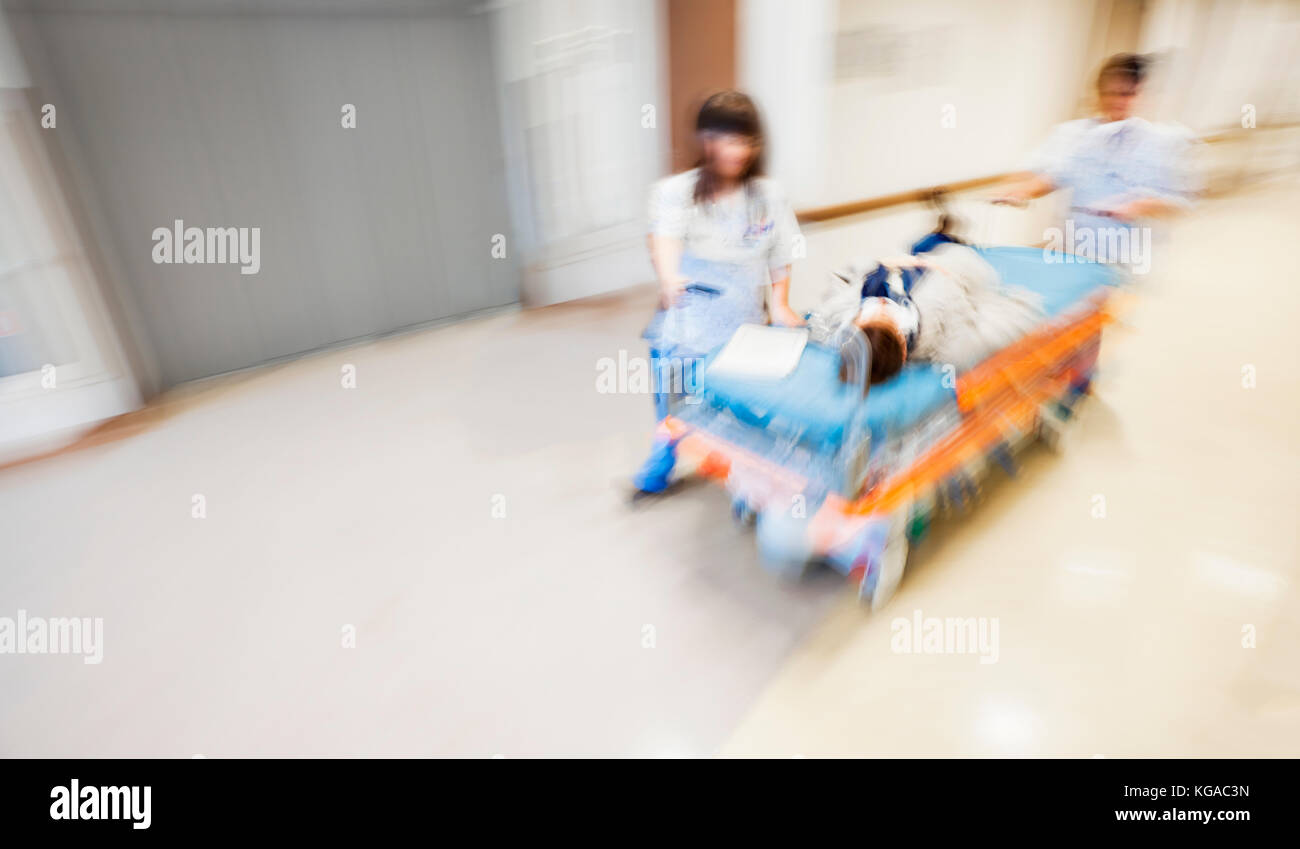 An emergency litter with patient, pushed fast through modern hospital ...