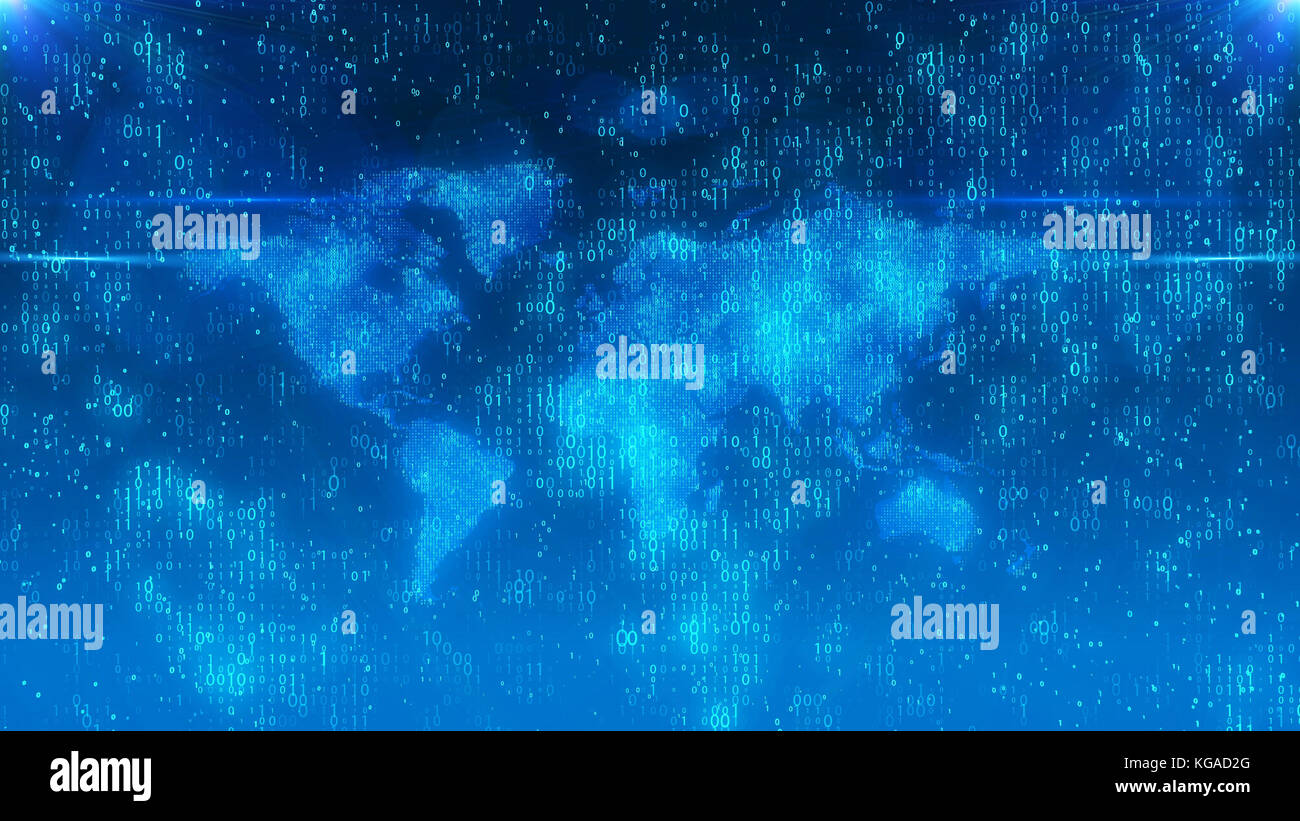 A striking 3d rendering of a digital world map from tiny bits sparkling ...
