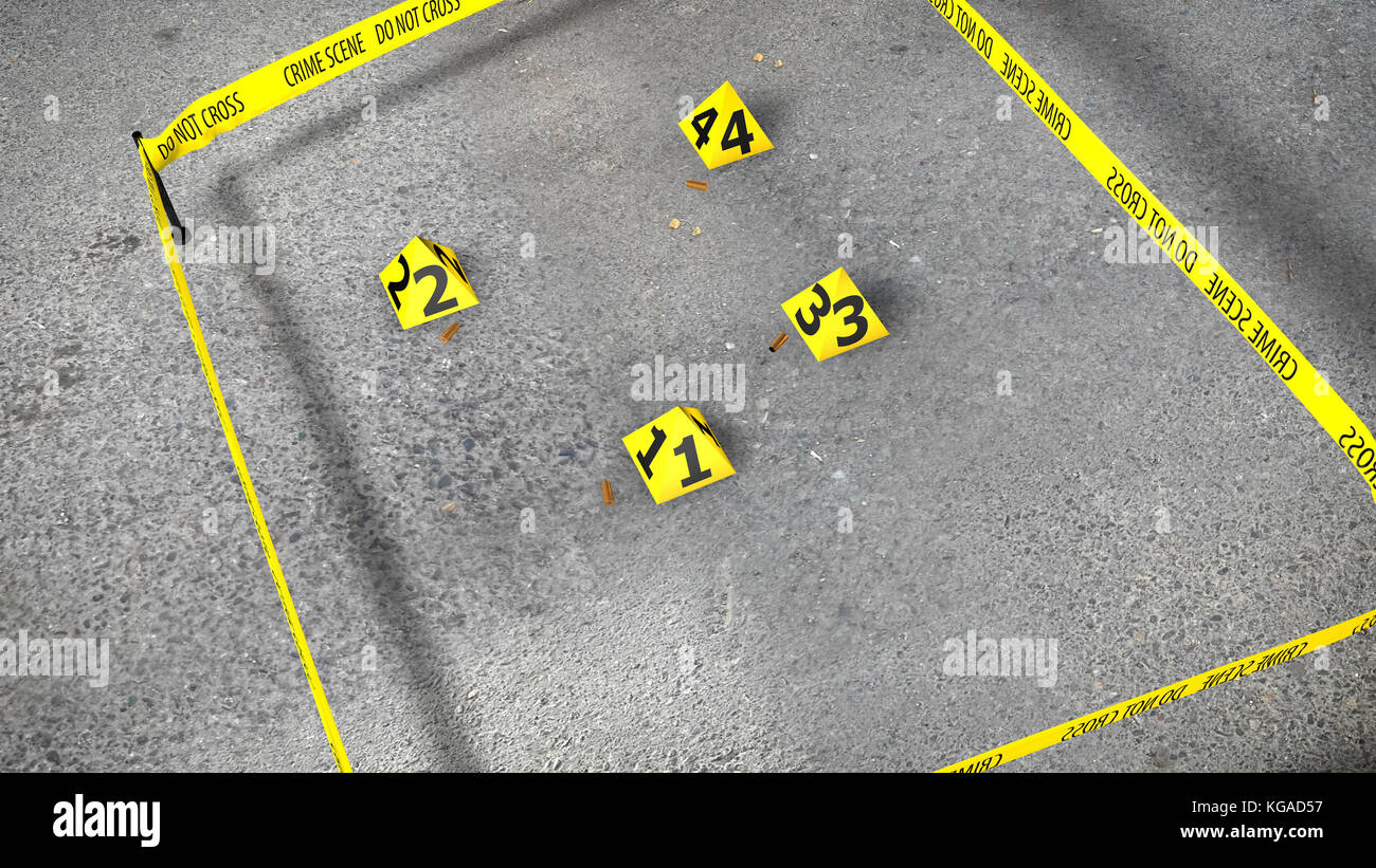 An intriguing 3d rendering of a crime scene with shot shells from gun ...